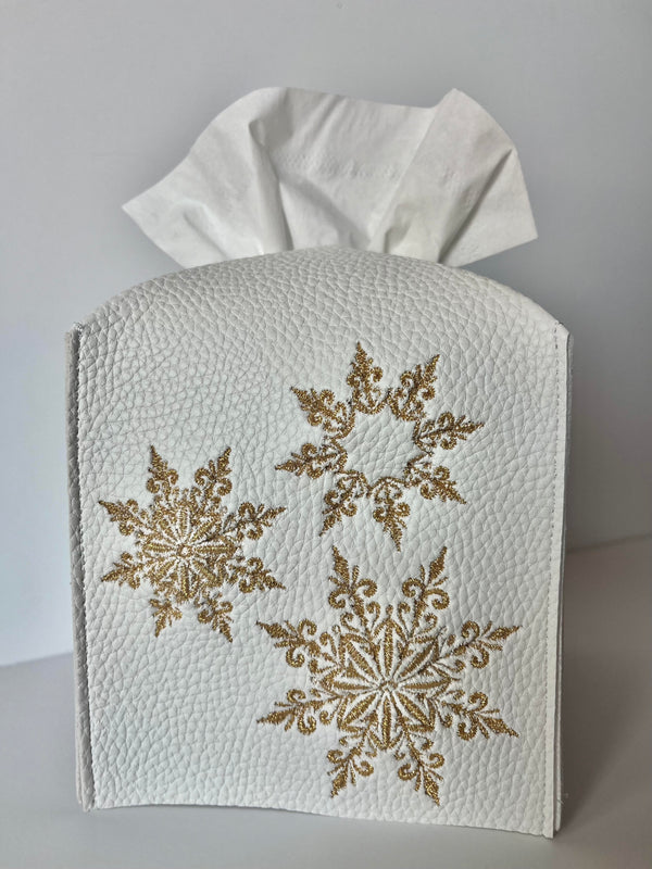SNOWFLAKES LEATHER TISSUE BOX COVER – Helen Greer Embroidery Studio